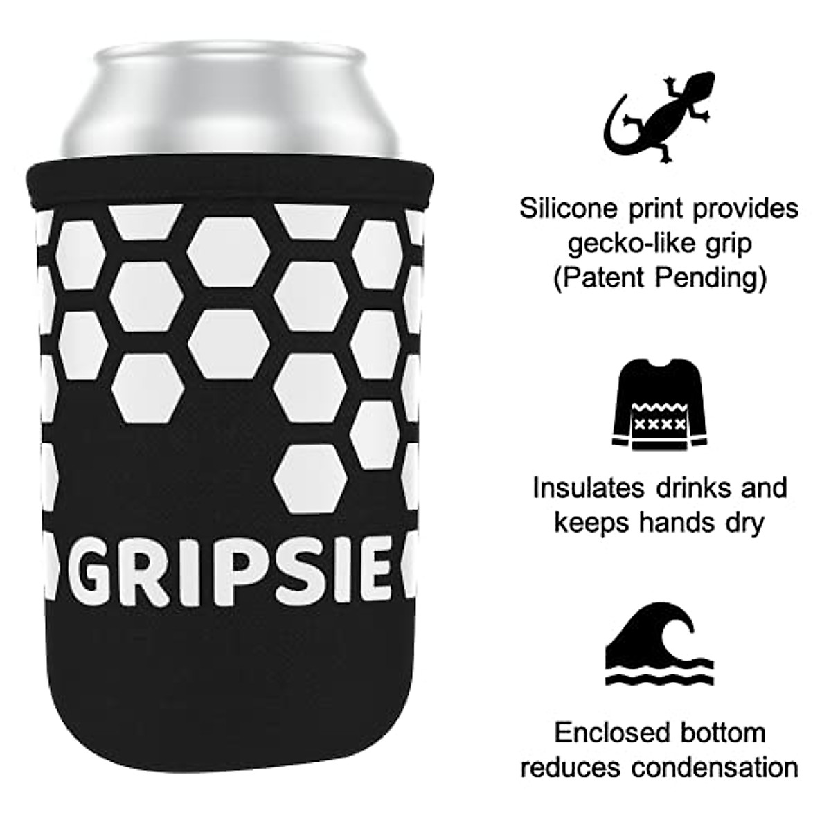 GRIPSIE Can Sleeves with Non-Slip Grip (4-Pack) Insulated Neoprene, Scuba Knit Polyester Fabric, Silicone Print Coolers for Standard 12oz Beer and Soda Cans (Multicolor)