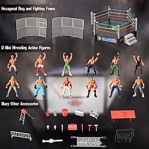 32Pcs Wrestling Toys for Kids, Wrestlers Playset with 12 Wrestling Action Figures, 2 Wrestling Rings, Many Realistic Accessories, Toy Figures & Playset Gift for 2 3 4 5 6 Boys Girls, Cool Cake Toppers
