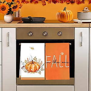Korlon Tec 4 Pack Fall Kitchen Towels, Hello Pumpkin Fall Dish Towels, 18x26 Inch Farmhouse Fall Hand Towels for Kitchen Home Harvest Autumn Thanksgiving Decorations