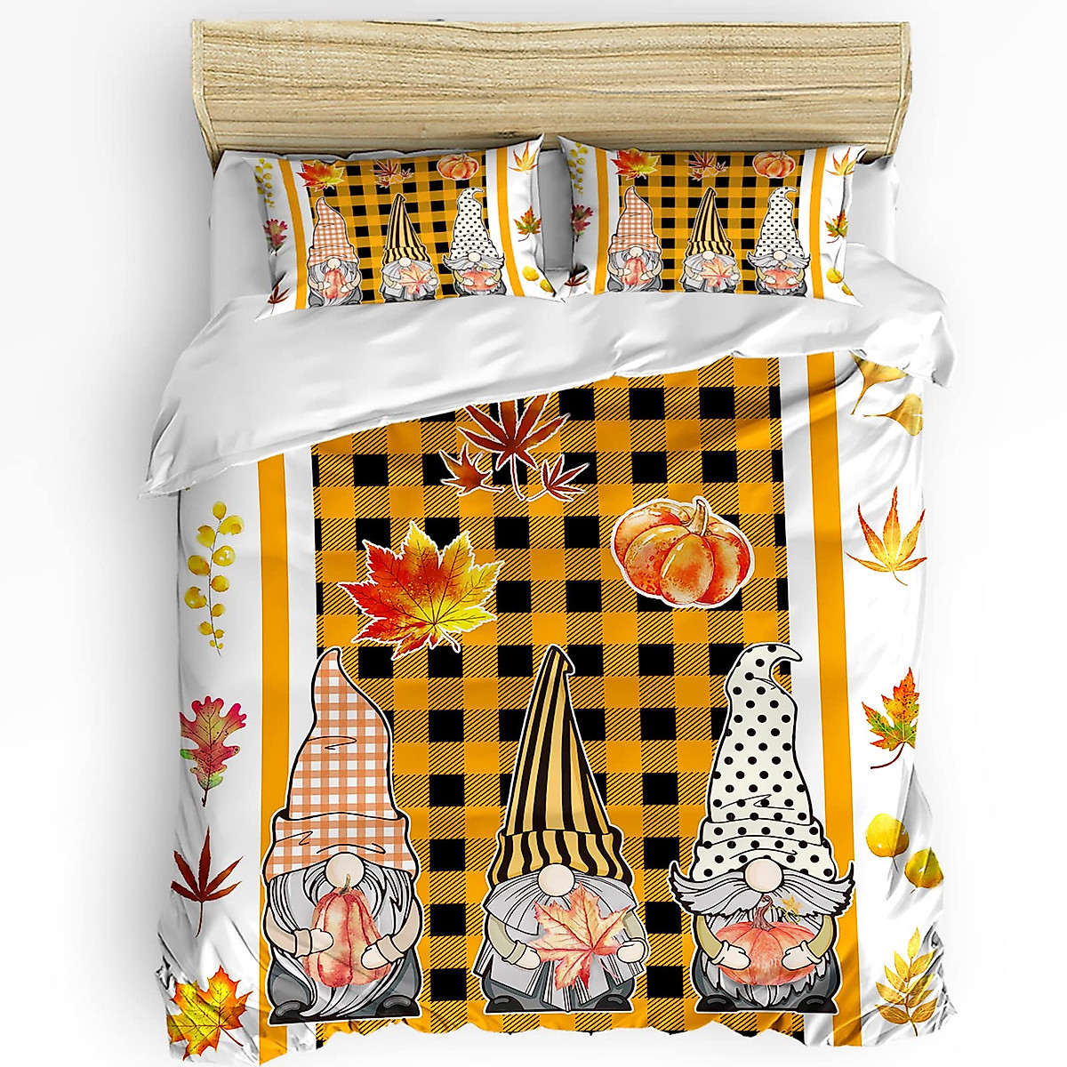 3 Pieces Bedding Set Queen Size, Fall Gnomes Soft Duvet Cover Set Comforter Cover Set with Zipper Closure All-Season Breathable Bedding Set Thanksgiving Orange Black Plaid Autumn Maple Leaf Pumpkin