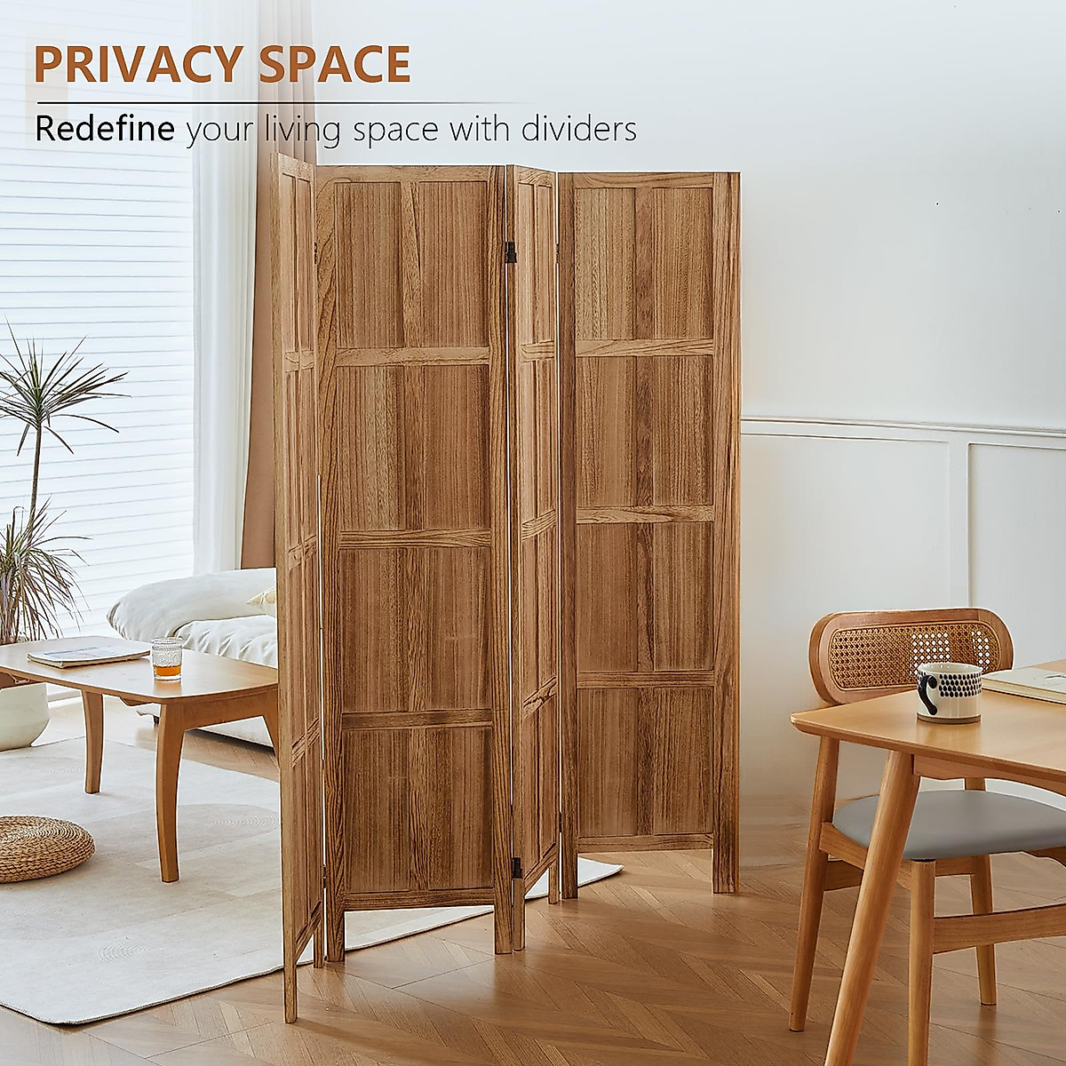 Asnefeli 4 Panel Room Divider, 5.6 FT Folding Privacy Screen Room Divider, Partition Divider for Room Separation, Room Partition Separator, Wooden Room Divider Screen for Home Office Bedroom (Natural)