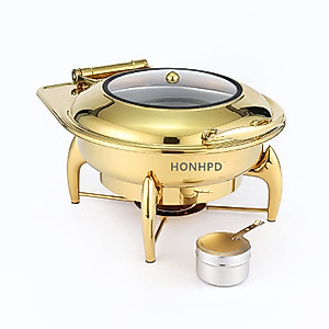 HONHPD 6.8 QT Round Golden Chafing Dish, chaffing server set buffet, Stainless Steel Buffet Chafer with Glass Lid, Chafers and Buffet Warmers Set for Catering, Buffet Food Warmer for Parties