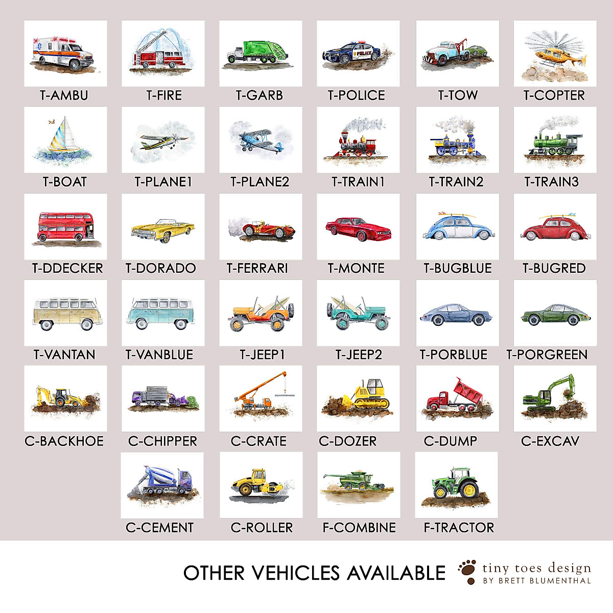 Construction Nursery Set of 6 Prints, Boy Room Decor: Crane, Cement Mixer, Bulldozer, Backhoe, Excavator, Dump Truck - Selection of Alternate Vehicles and Sizes available