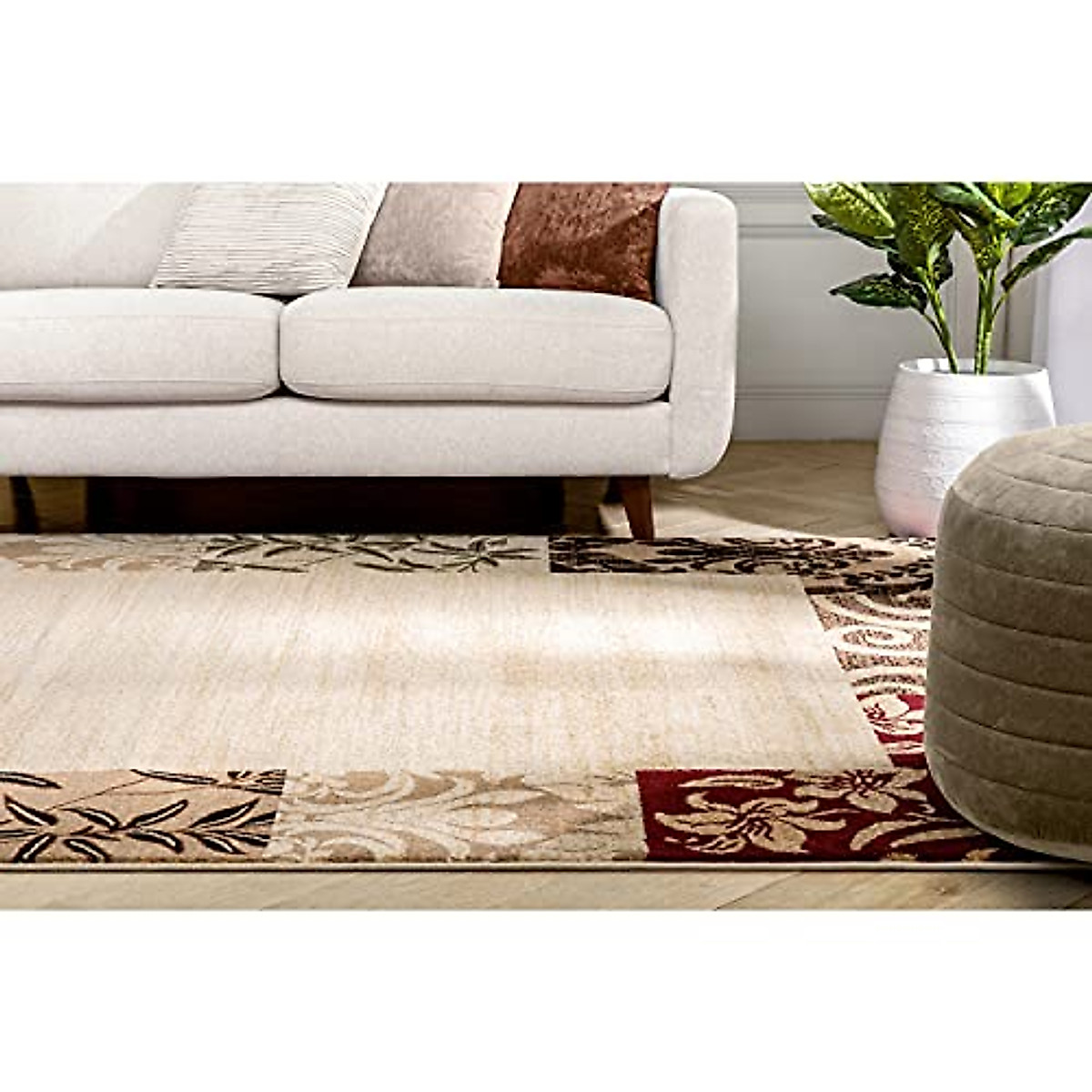 Verdant Vines Beige Modern Damask Border Rug 3x5 4x6 (3'11" x 5'3") Casual Oriental Easy Clean Stain Fade Resistant Shed Free Contemporary Floral Formal Gradient Soft Living Dining Room Rug