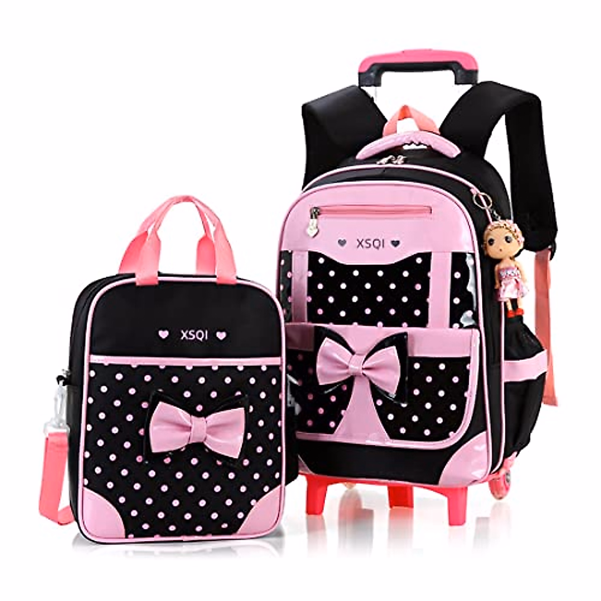 Bowknot Kids Rolling School Backpack 2Pcs Polka Dot Princess Style Trolley Bookbag on Two Wheels