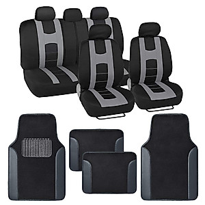 BDK carXS Forza Series Light Gray Seat Covers Full Set Combo with Car Floor Mats – Front and Rear Bench Seat Cover & Floor Mat Protector Set, Interior Covers for Auto Truck Van SUV