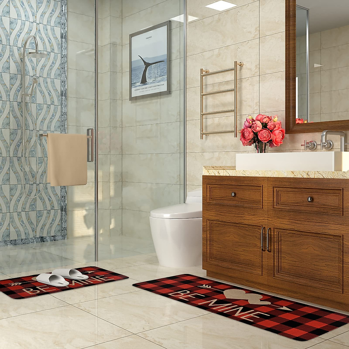 ASPMIZ 2 Pcs Valentine's Day Kitchen Rugs, Buffalo Plaid Area Rug Set of 2, Non-Slip Heart Floor Mat for Bathroom, Water Absorbent Door Mat with Anti-Slip Rubber Backing, 17'' x 47'' + 17'' x 30''