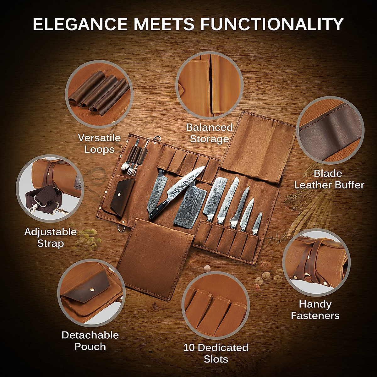 KYOKU Chef Knife Roll Bag, Kitchen Knife and Utensil Holder with 10 Slots 3 Cutlery Holders for Chef Knife Set, Oiled Leather and Waxed Canvas Knife Roll Up Travel Bag with Adjustable Strap, Brown