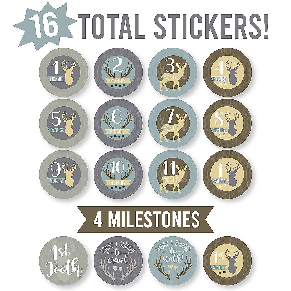 16 Monthly Baby Milestone Stickers Boy - Deer Baby Monthly Milestone Stickers for Baby Boy, Milestone Baby Monthly Stickers, Baby Month Stickers for Baby Photo Props, Monthly Baby Stickers Boy