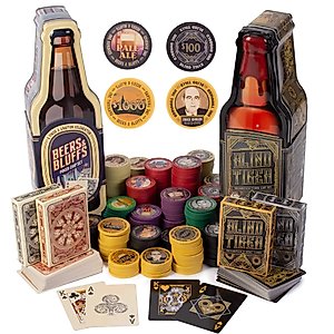 Beers & Bluffs & Blind Tiger, 2 Pack - Alcohol and Gangster 200 Denominated Poker Chip Sets & Playing Cards in Bottle Shaped Tin Case - Las Vegas Casino & Prohibition Theme Novelty Gift Box