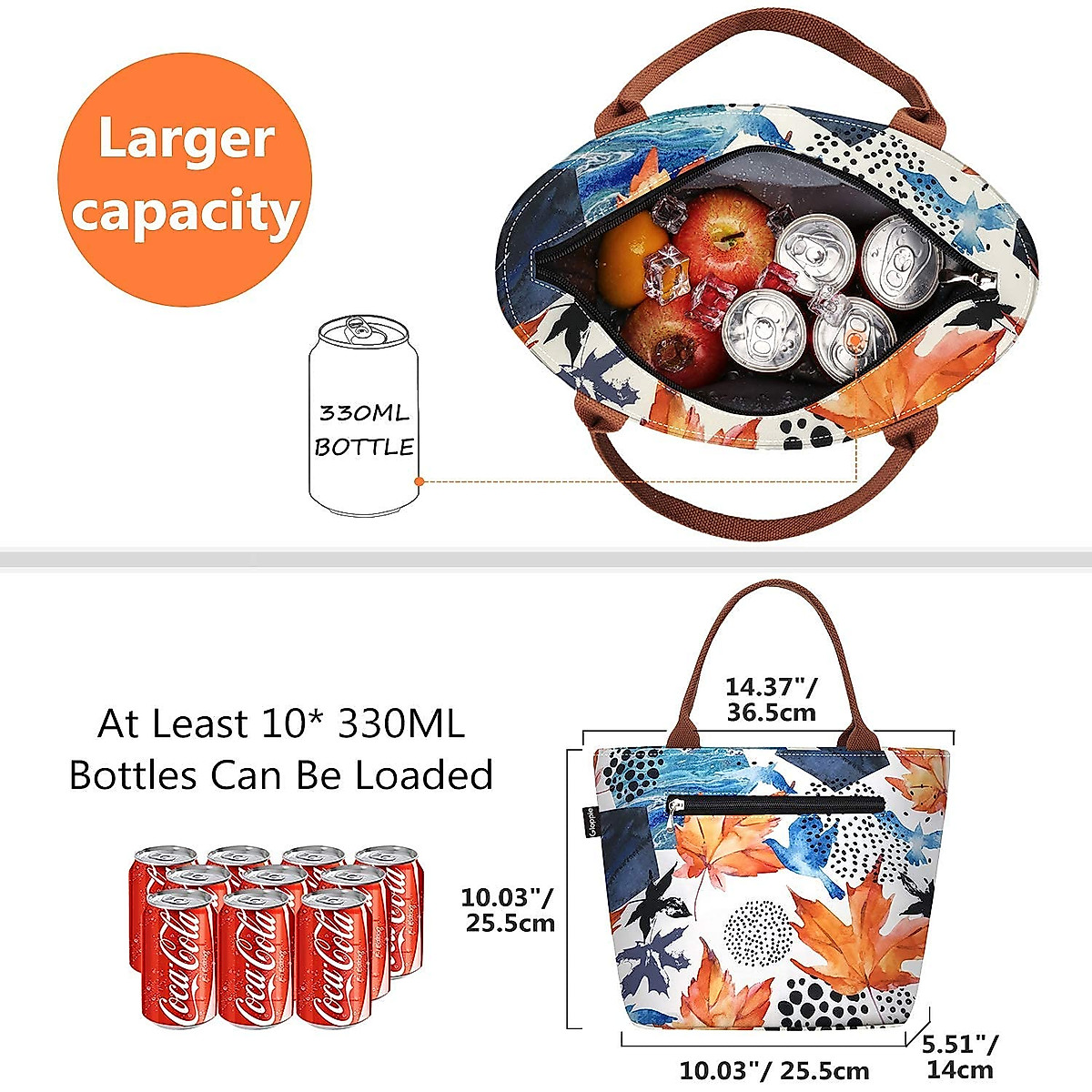 Gloppie Insulated Lunch Bags for Women Lunch Box Leak Proof Cooler Tote Purse Large Food Container Meal Prep for Work Beach Picnic 9L White Flower +Maple Leaf