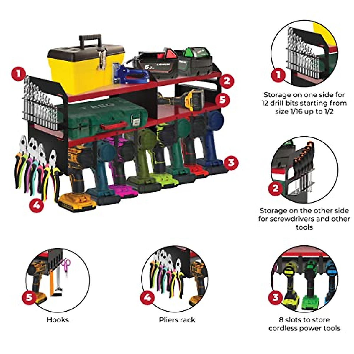 LADECH Cordless Drill Charging Station - 8 Drill Holder - Power Tool Organizer, Wall Mount Shelf with Screwdriver and Pliers Holder - Garage Storage Organizer (8 Drill Holder)