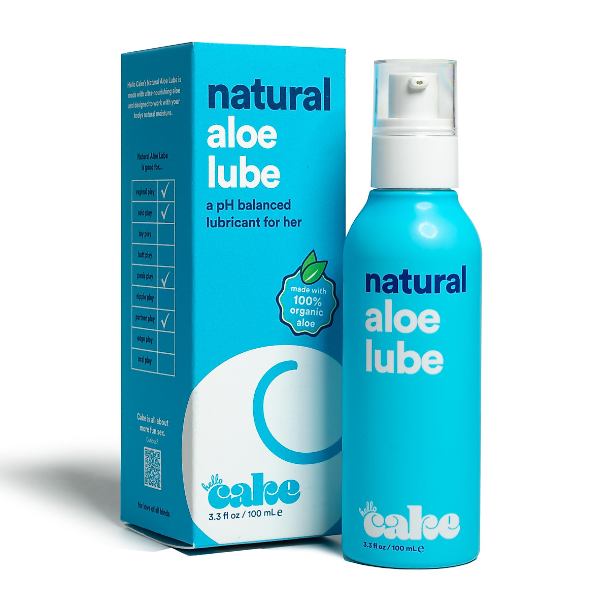 Hello Cake Natural Lube - Aloe-Based Organic Personal Lubricant - Hydrating, Hypoallergenic, pH-Balanced, Non-Sticky, Condom Compatible, for Men, Women, & Couples, 3.3 fl oz