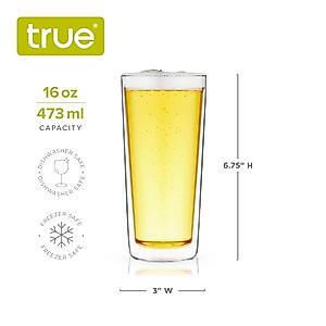 True Double Walled Beer Glasses Drinking Set, Pint Glass Tumblers for Housewarming, Birthday, Wedding, Home Bar Accessories, 16 oz, Set of 2, Clear