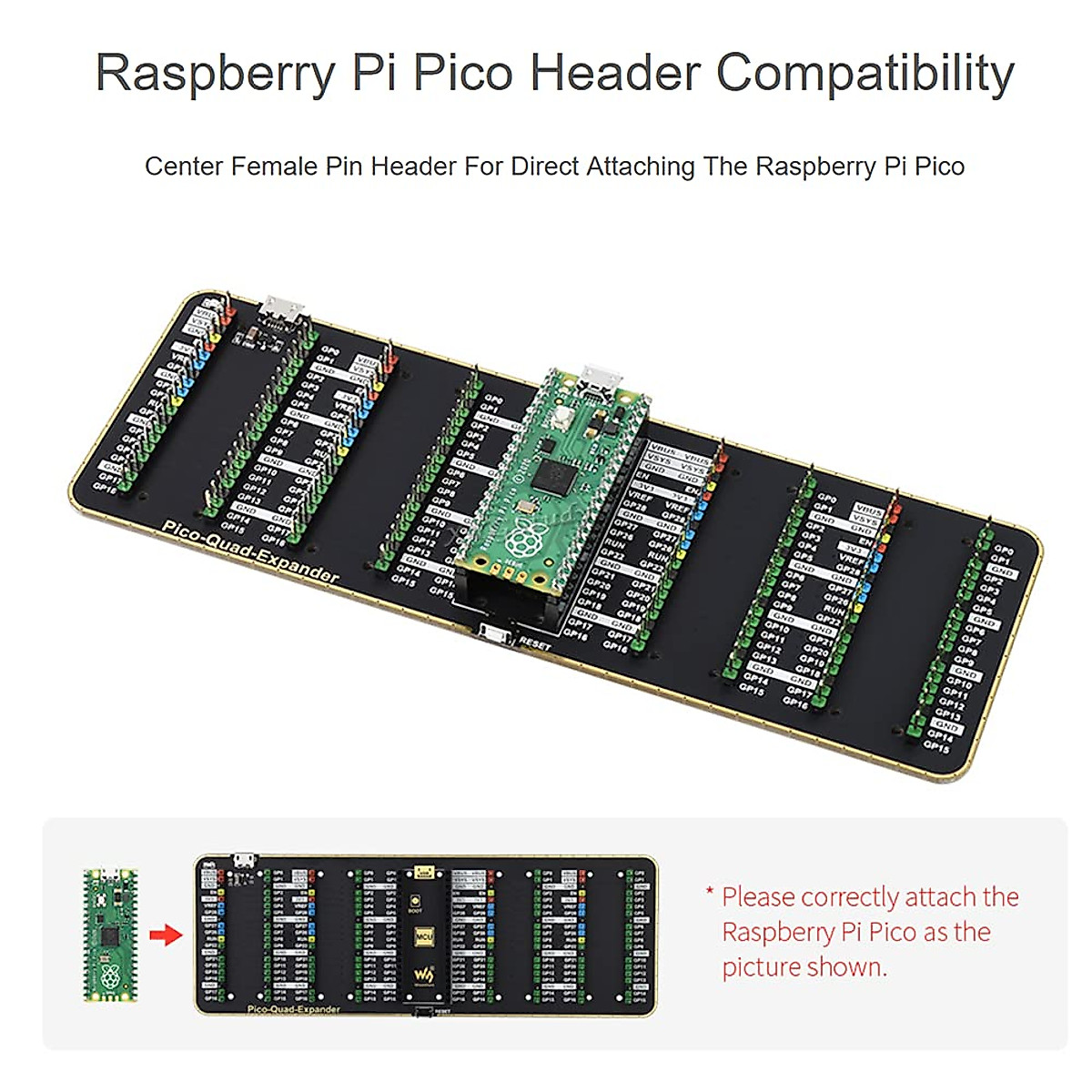 Quad GPIO Expander for Raspberry Pi Pico for Connecting More Expansion Modules Four Sets of Male Headers USB-Powered Support @XYGStudy (Pico-Quad-Expander)
