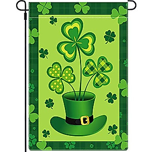 Tatuo Happy St. Patrick's Day Garden Flag Double Sided Holiday Yard Flag Shamrocks Green Hat Decorative Garden Flag Burlap Yard Winter Flag for Garden and Home Decorations (12.5 x 18 Inch)