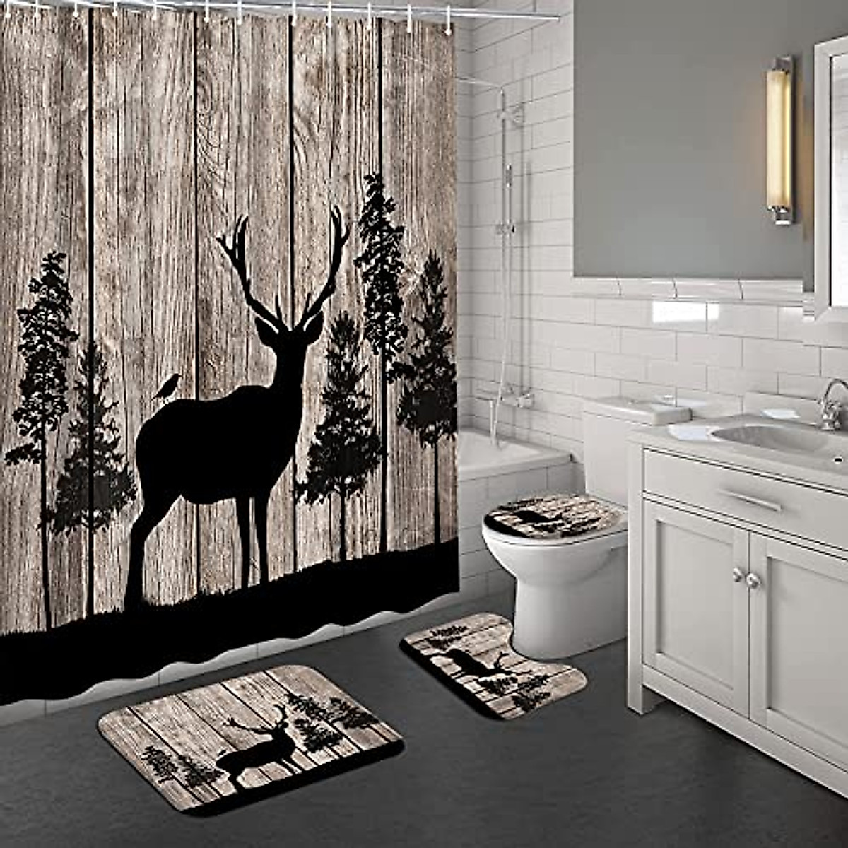 SiMiWOW Rustic Forest Elk Shower Curtain Set with Rugs Wildlife Animal Shower Curtain Farmhouse Decor Set Deer Shower Curtain with Mats, Set of 4