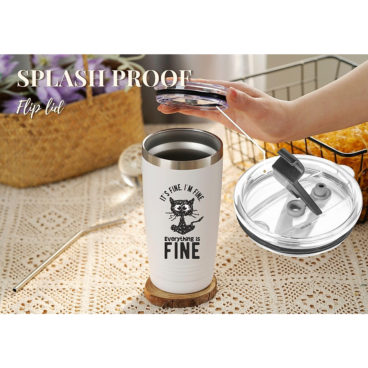 Onebttl Cat Gifts for Cat Lovers, Insulated Stainless Steel Tumblers with Lids and Straws, Funny gifts for Cat Mom, Dad on Birthday, Christmas, 20 oz, White, I'm Fine