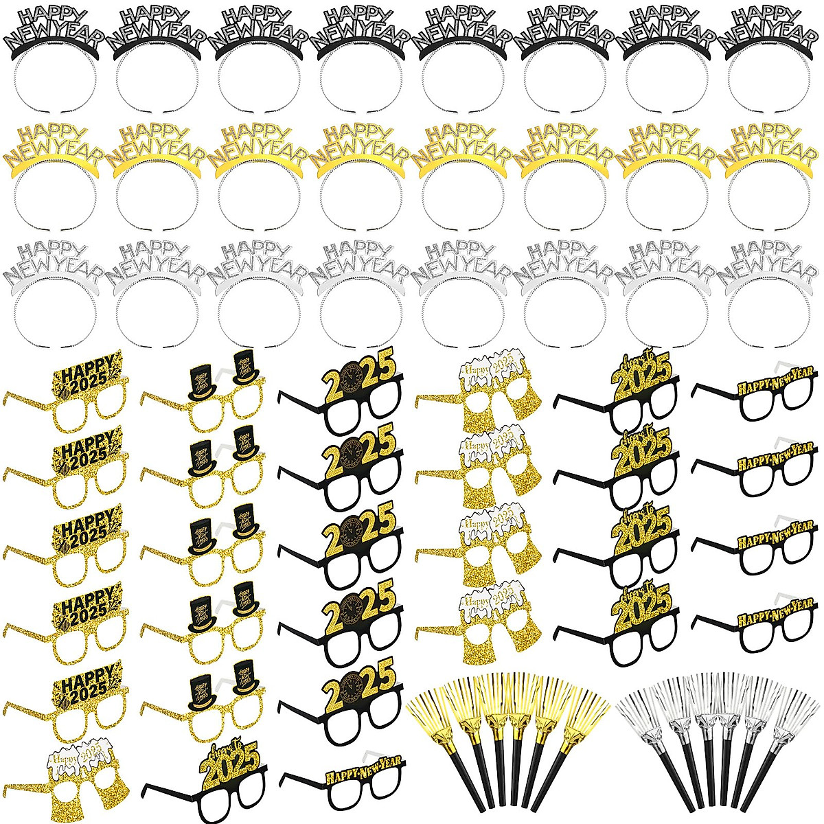 Wavyknot 72 Pcs New Years Eve Party Supplies 2025 Include Happy New Year Eyeglasses Headband Tiara and New Year Party Fringed Noise Makers 2025