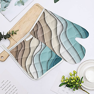 Kitchen Oven Gloves Teal Blue Modern Geometric Oven Mitts Pot Holder Set Brown Abstract Ocean Wave Hot Pad Sets for Kitchen BBQ Cooking Baking Grilling Heat Resistance