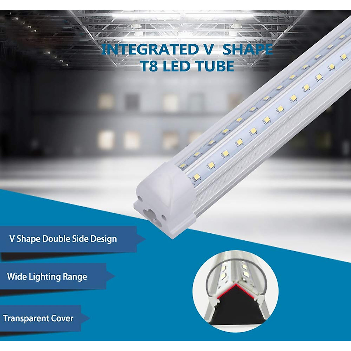 8FT LED Light Fixtures 72W, 8FT LED Shop Light 6000K Cool White Dual Side T8 V-Shape Integrated 8 Foot LED Tube Lights(150W Fluorescent Light Equivalent), 8640Lm, Clear Cover (6 Pack)