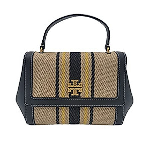 Tory Burch 136228 Juliette French Linen Natural Tan Khaki/Black With Gold Hardware Women's Top Handle Satchel Bag