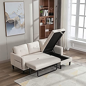 PEIHONGET Sectional Sleeper Sofa with Pull Out Bed, 3-Seater Sofa Couch with Storage Modern L-Shaped Sofa Bed with Chaise Lounge for Small Spaces, Living Room(Beige+Polyester)