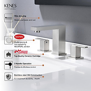 KENES 2 Handle Widespread Bathroom Faucet Brushed Nickel, Bathroom Sink Faucet 3 Hole Vanity Faucet with Lead-Free Supply Hose, KE-9050
