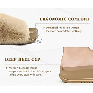 KuaiLu Womens Slides Soft Cushion Faux Fur Sandals for Women Open Toe House Slipper with Arch Support Ladies Slip On Fuzzy Platform Slipper Indoor Outdoor,Beige Size 10