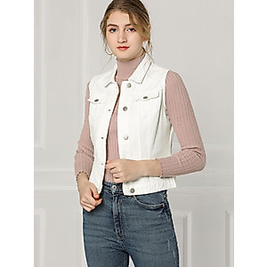 Allegra K Women's Buttoned Washed Denim Vest Jacket W Chest Flap Pockets Medium White