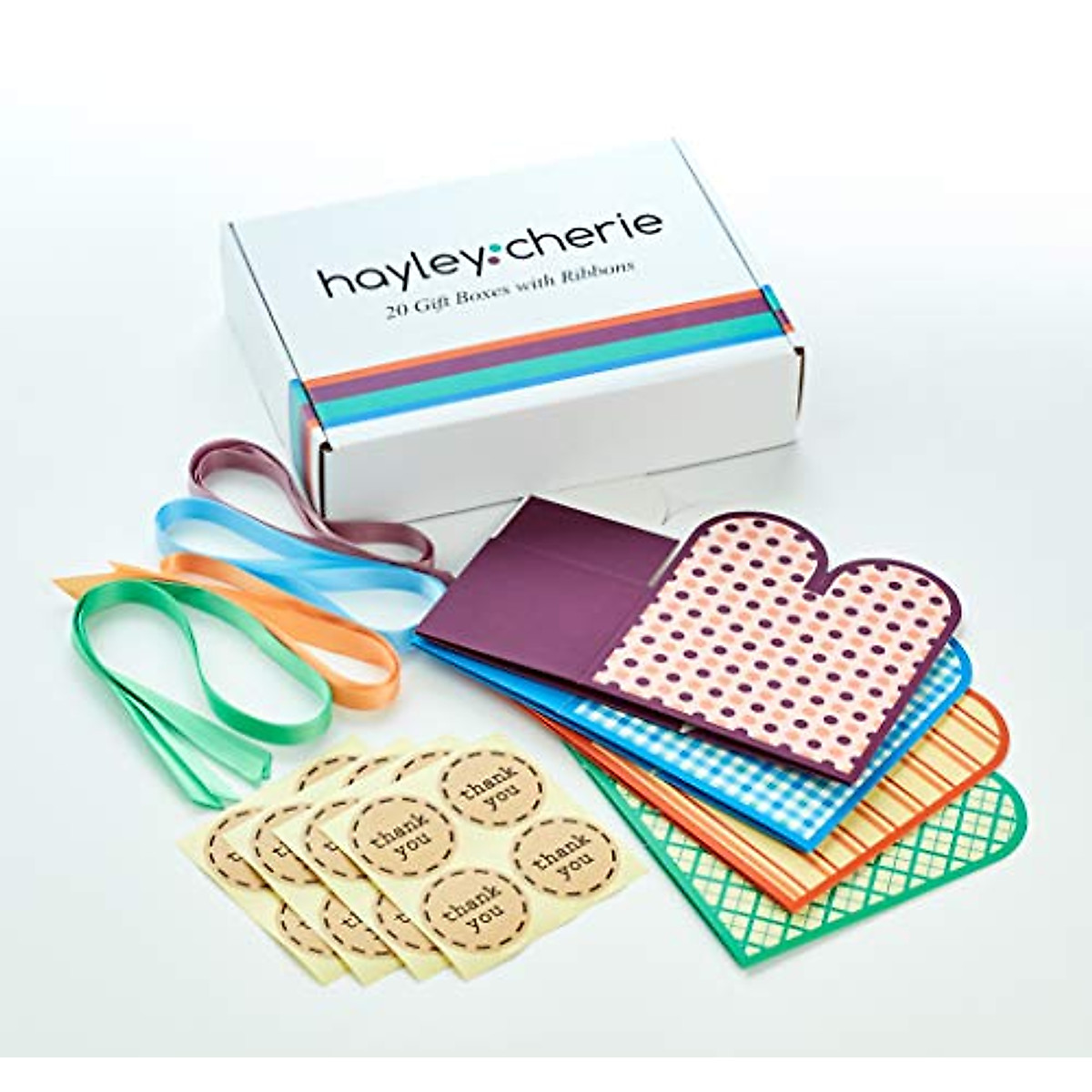 Hayley Cherie - Gift Treat Boxes with Ribbons and Thank You Stickers (20 Pack) - 6.5 x 4 x 4 inches - Thick 400gsm Card - For Cookies, Goodies, Candy, Parties, Christmas, Birthdays, Weddings