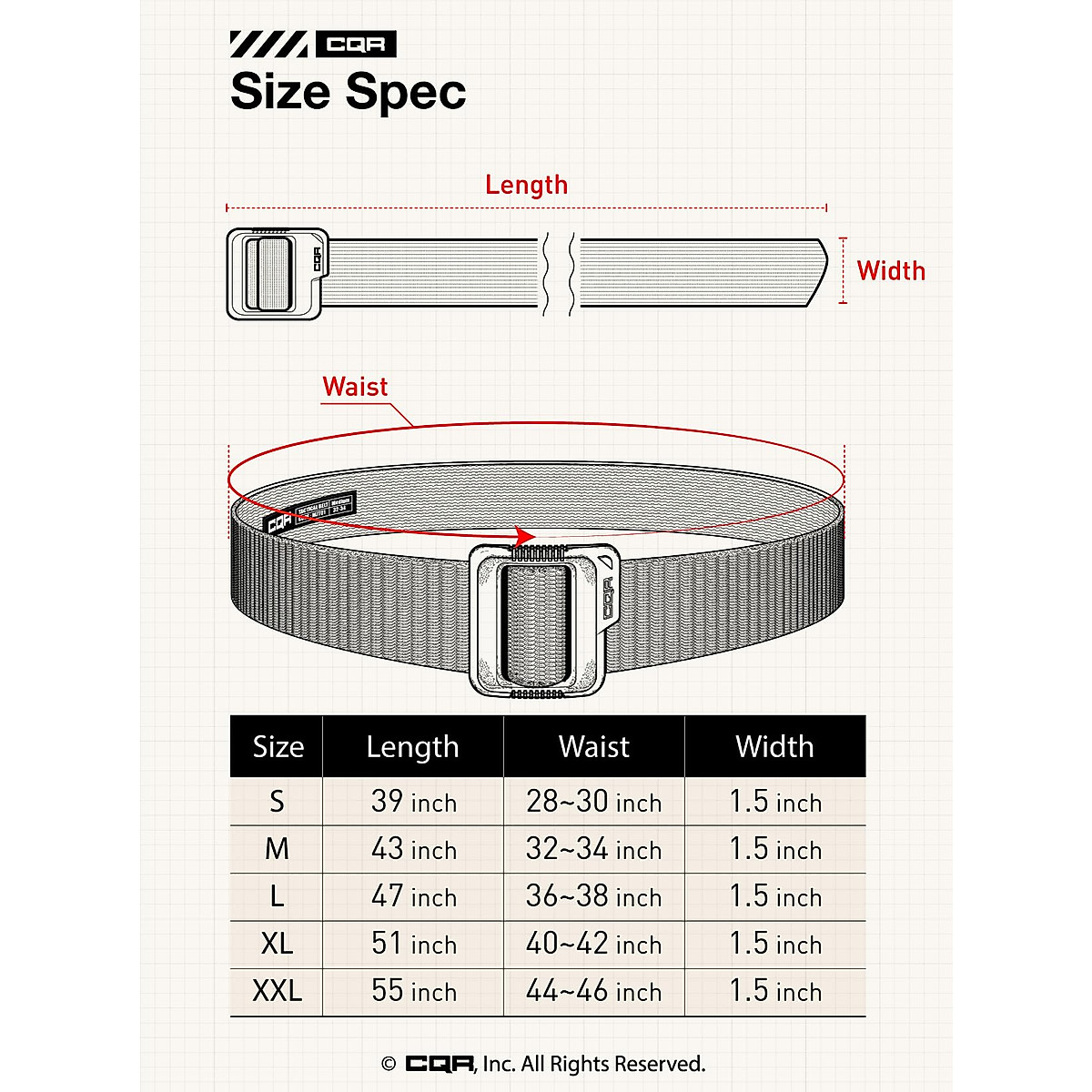 CQR Tactical Belt, Military Style Heavy Duty Belt, Webbing EDC Quick-Release Buckle, 2pack Plastic Flip Tab Black/Black, Large