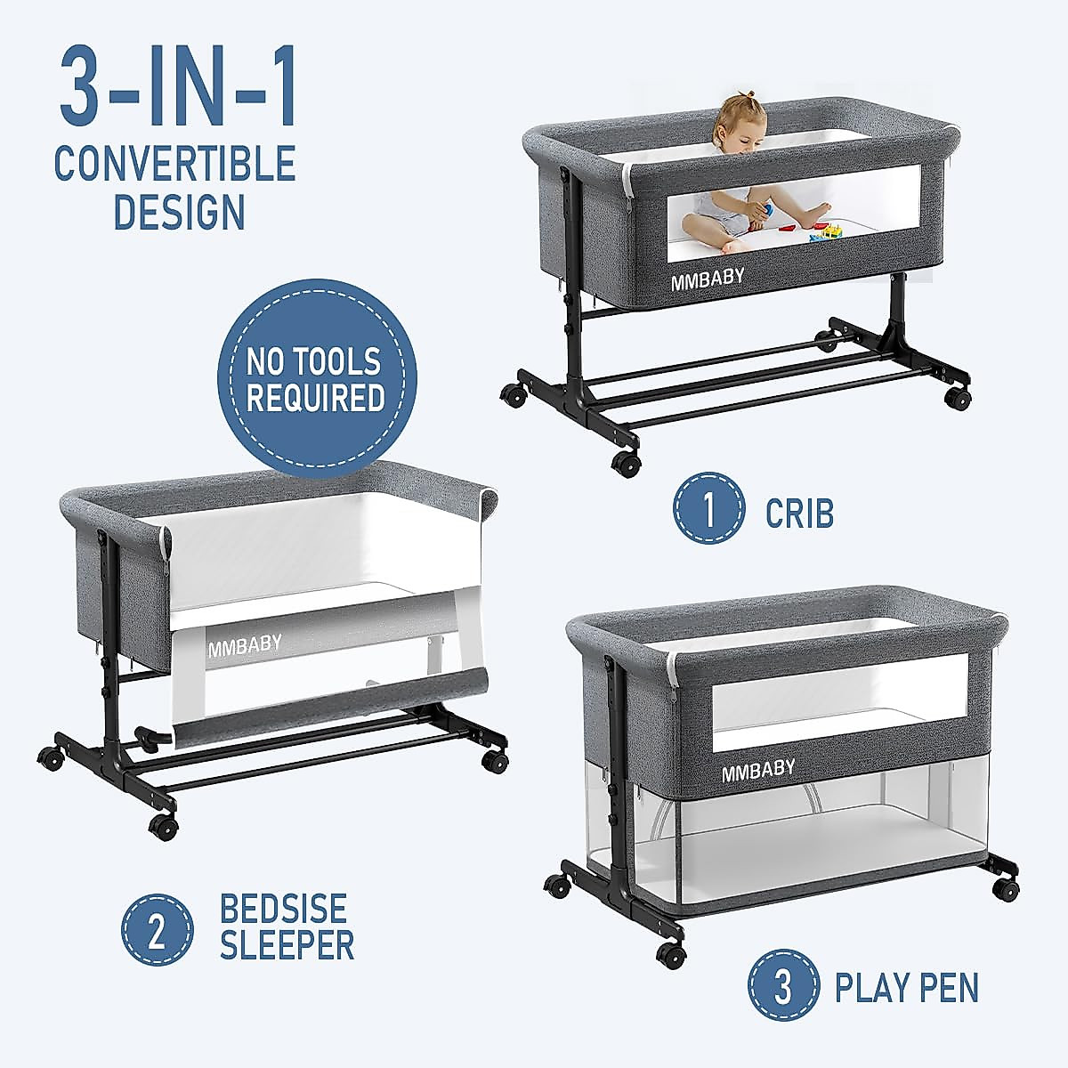 MMBABY Baby Bassinet Bedside Sleeper Bedside Crib Easy Folding Portable Crib 3 in 1 Travel Baby Bed with Adjustable Height,Breathable Net,Large Storage Bag and Mattress (Dark Grey)