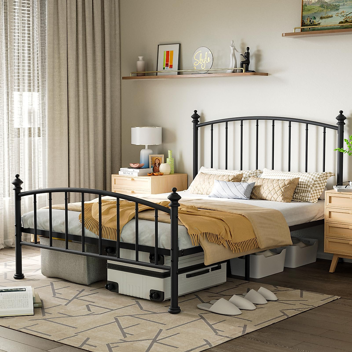 Queen Size Metal Platform Bed Frame, Victorian Wrought Iron-Art Design, Classic Black, Mattress Foundation with Headboard & Footboard, Under Bed Storage, No Box Spring Needed, Black