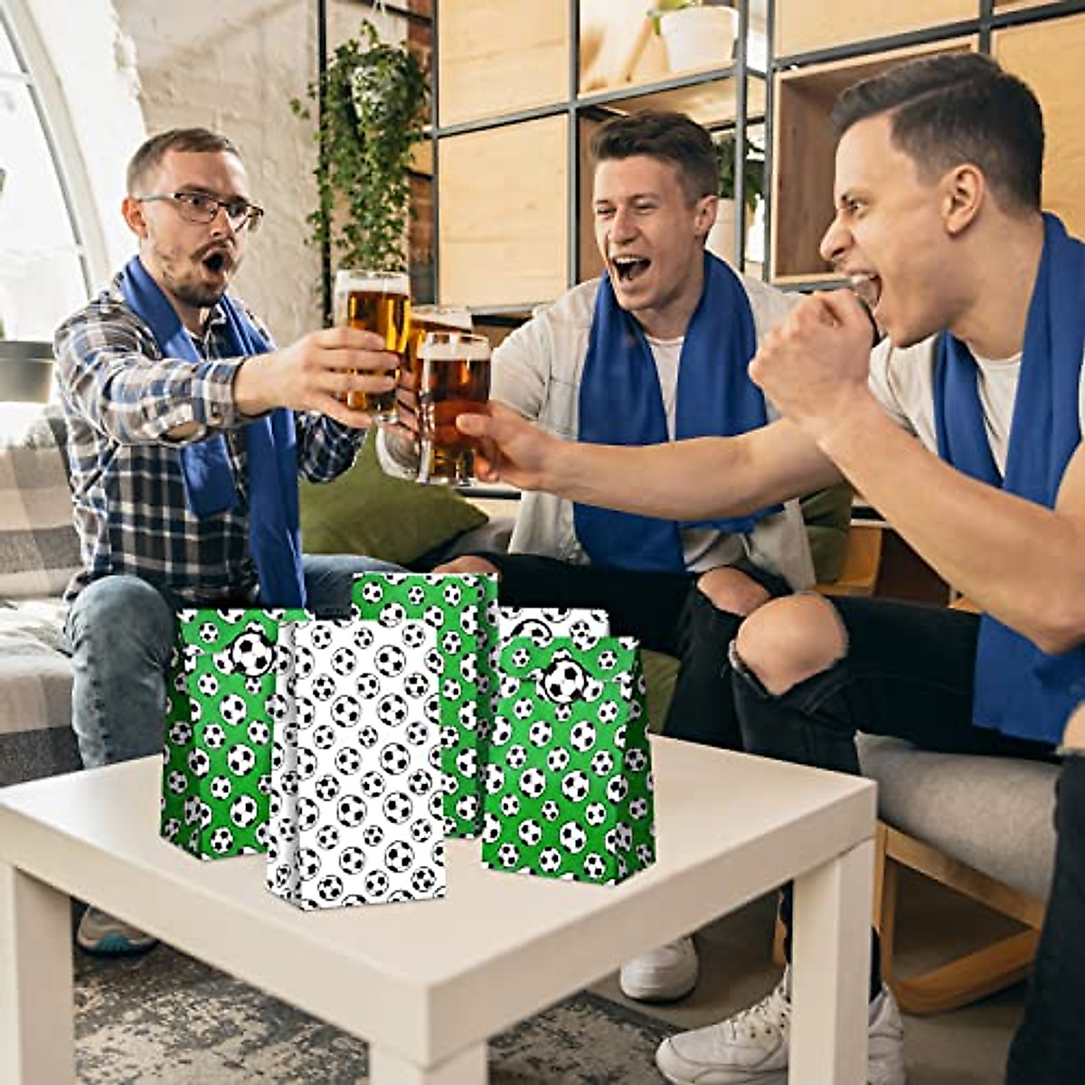 durony 24 Pack Soccer Gift Bags Paper Treat Bags Soccer Print Goodie Bags with Stickers for Sports Theme Party Decorations, Game Celebration Supplies