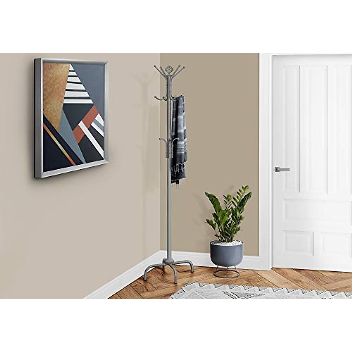 Monarch Specialties 2007, Hall Tree, Free Standing, 12 Hooks, Entryway, Bedroom, Metal, Grey, Contemporary, Modern Coat Rack, 19" L x 19" W x 70" H, Silver