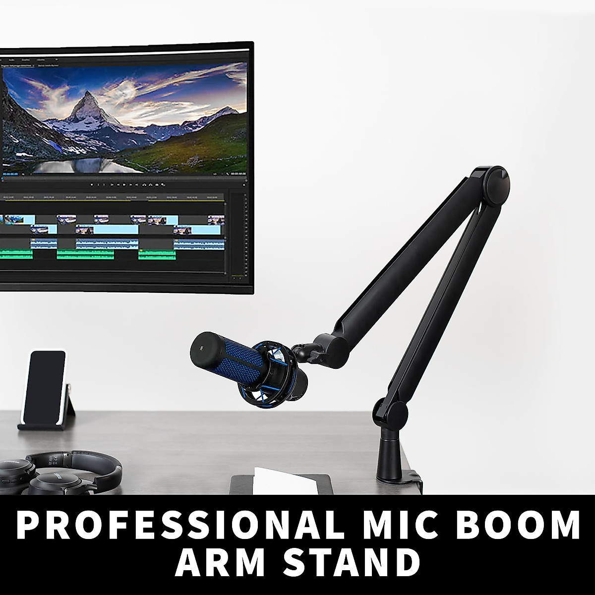 VIVO Premium Broadcast/Podcast Microphone Boom Arm Stand with 3/8 and 5/8 inch Screw Adapter, Heavy Duty Desk Mount, Professional Mic Stand with 360 Rotation, Black, STAND-MIC02
