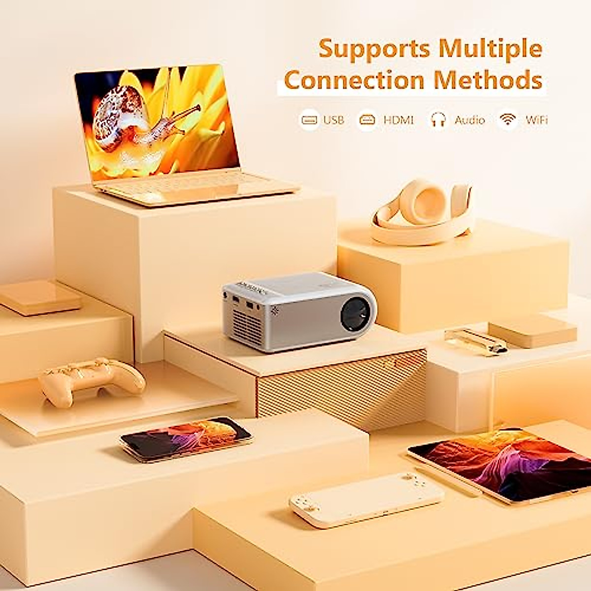 WiFi Mini Projector for iPhone, DZA Outdoor Portable Projector Supports 1080P with Synchronize Smartphone Screen, Movie Projector for Home Theater Compatible with iOS/Android/PC/TV Stick, and HDMI/USB