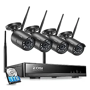 ZOSI 2K 3MP Wireless Security Camera System Outdoor Indoor, 4 x 3MP WiFi IP Camera and H.265+ 8CH NVR with 1TB Hard Drive for 24/7 Recording, Night Vision, Motion Alert, Remote Control