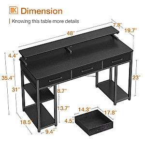 ODK Computer Desk with Drawers and Storage Shelves, 48 inch Home Office Desk with Monitor Stand, Modern Work Study Writing Table Desk for Small Spaces, Black