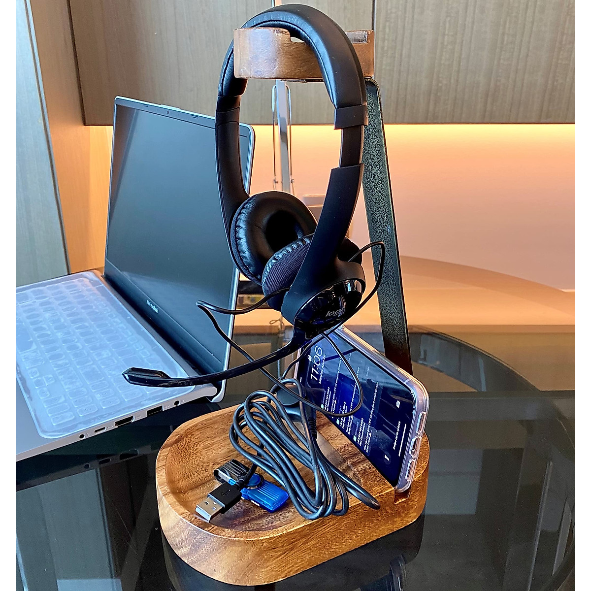 WRIGHTMART Acacia Wood Headphone Stand, Headset Stand with Storage Tray, Heavy Duty Holder for Over-Ear Headphones, Cell Phone, iPhone, Compatible with Bose, Beats, Sony, Sennheiser