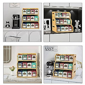 Bamboo Tea Bag Storage Containers- Tea Organizer for Tea Bags Cabinet- Tea Caddy Packet Rack Teabag Shelf Coffee Holders for Office Kitchen- Wooden 3 Tier