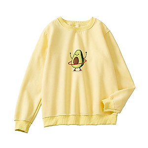 KEEVICI Popular Cartoon Cute Avocado Print O-neck Cotton Casual Pollover Sweatshirt (Yellow,L)