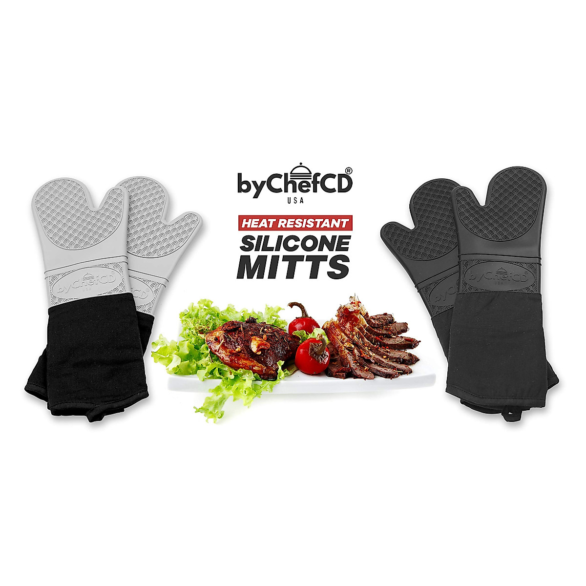 Extra Long Silicone Oven Mitts - Silicone Mitts, Heat Resistant Mitts, Non-Slip Professional Cooking Mitts, Kitchen Potholders and Oven Mitts, Heat Resistant Grill Gloves, Oven Mitts (Black, X-Long)