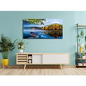 Arjun Lake Canvas Wall Art Blue Mountain Sky Nature Landscape Boat Picture Artwork Modern Spring Painting Framed Large for Living Room Bedroom Bathroom Dinning Room Home Office Wall Decor, 40"x20"