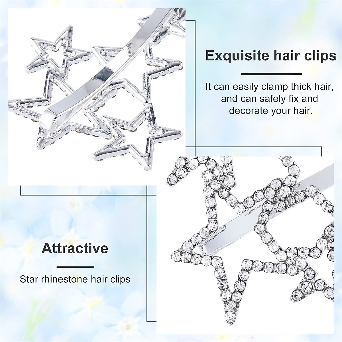 OIIKI Hollow Star Hair Clips Pins 4pcs, Silver Rhinestone Star Hair Barrettes, Elegant Metal Hair Clips Hairpin, Exquisite Hollow Geometric Hair Pins for Women Girls Hair Styling Accessories Party