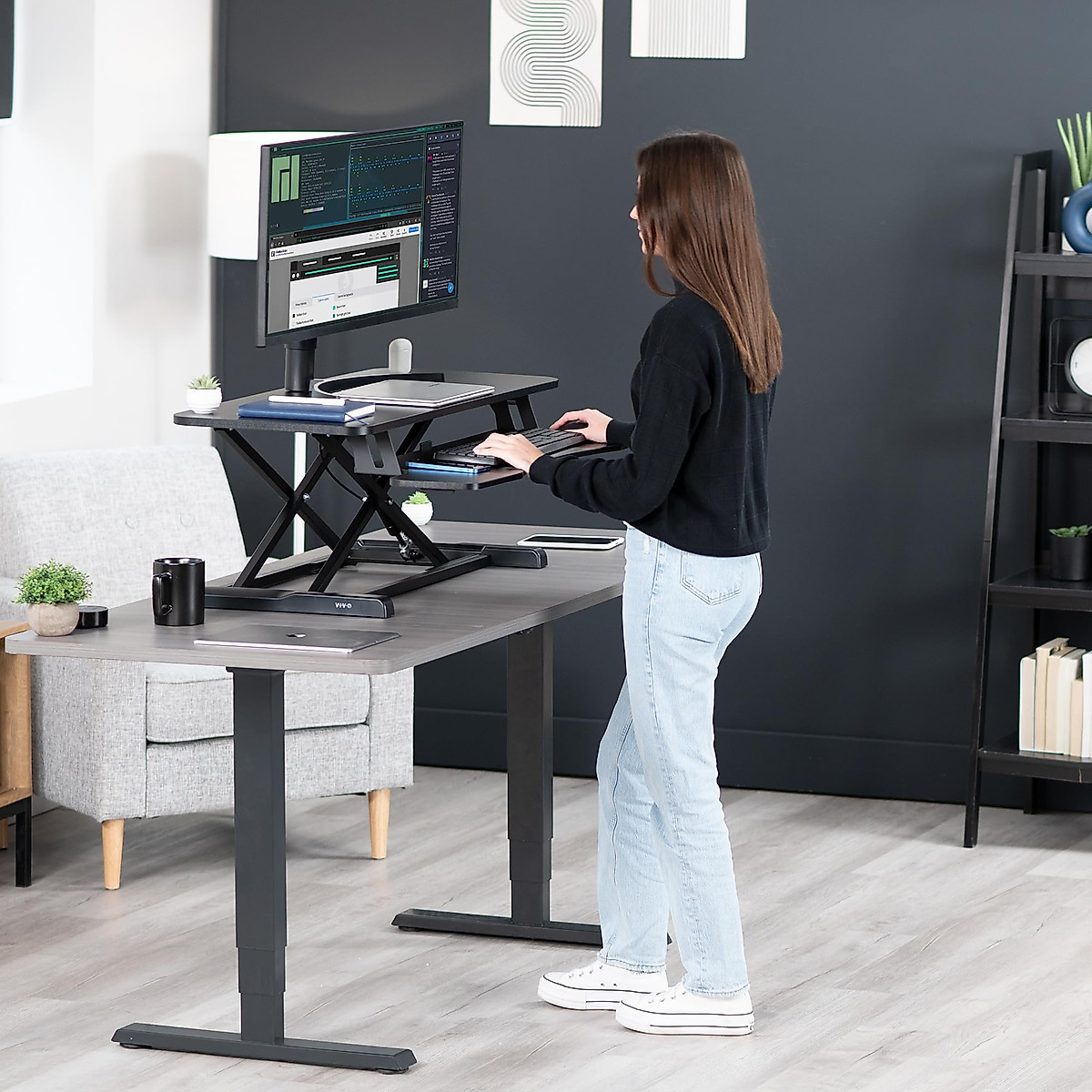 VIVO 38 inch Desk Converter, Height Adjustable Riser, Sit to Stand Dual Monitor and Laptop Workstation with Wide Keyboard Tray, Black, DESK-V037KB, 38"