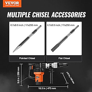 VEVOR Demolition Jack Hammer, MAX 1400W Electric Jackhammer Heavy Duty, 2900 BPM Concrete Breaker, 2pcs Chisels Bits Chipping with Case, Gloves