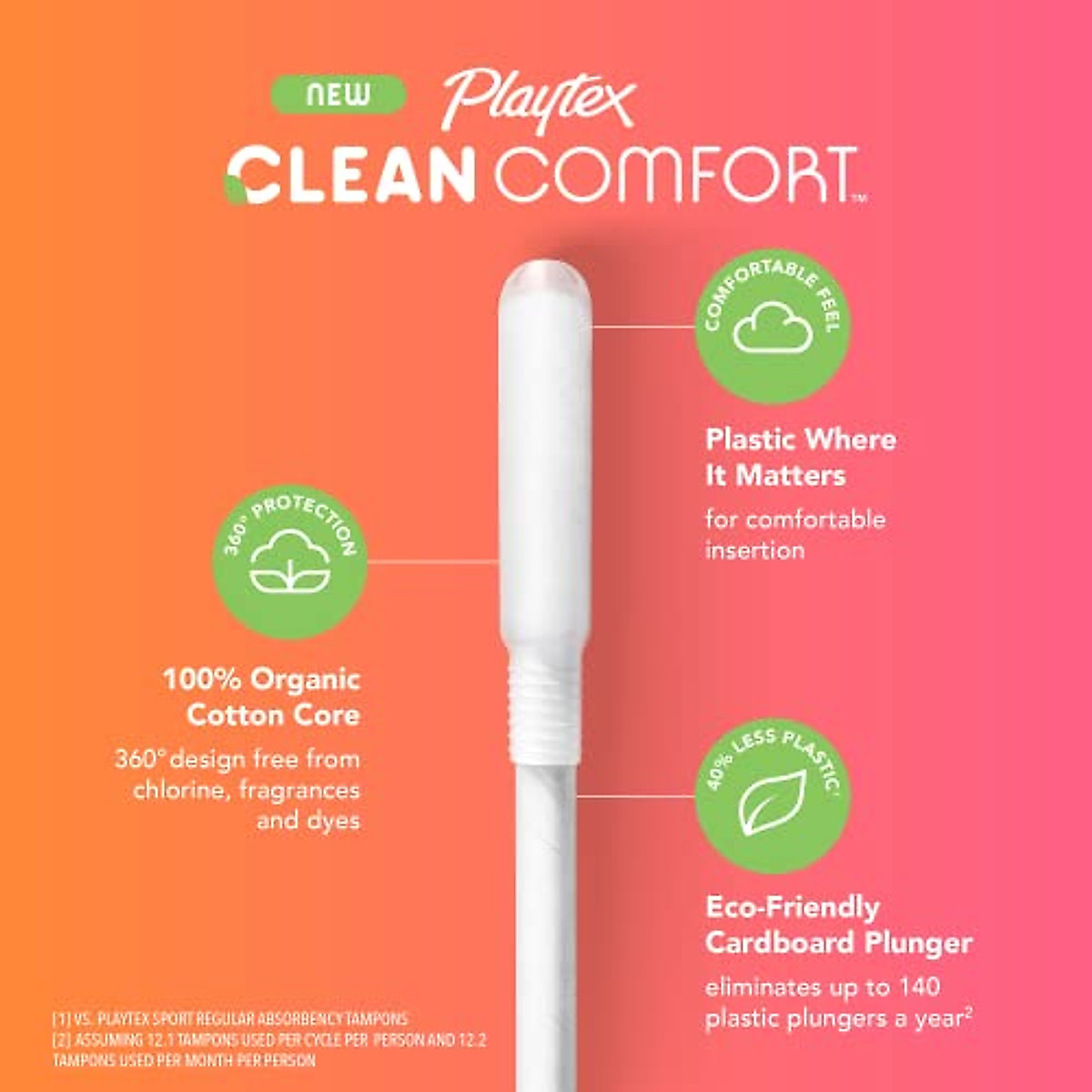 Playtex Clean Comfort Organic Cotton Tampons, Super Absorbency, Fragrance-Free, Organic Cotton - 30ct