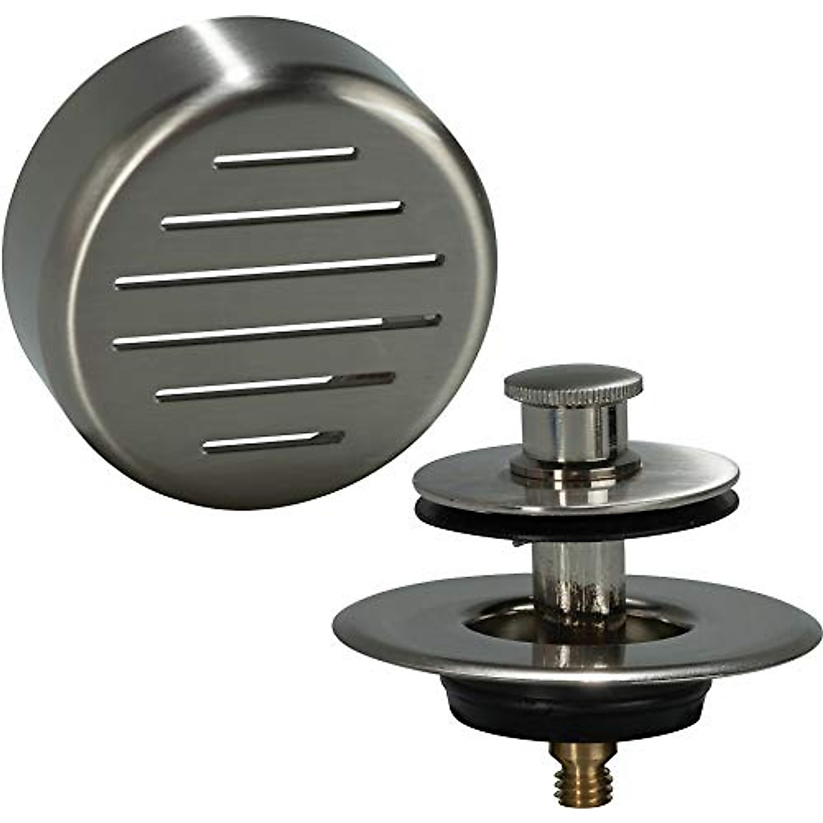 AB&A 60111 Tub Drain Trim Kit with Push eN Lift Stopper, Classic High-Capacity Overflow Plate, and Press-in Strainer Cover, Satin Nickel